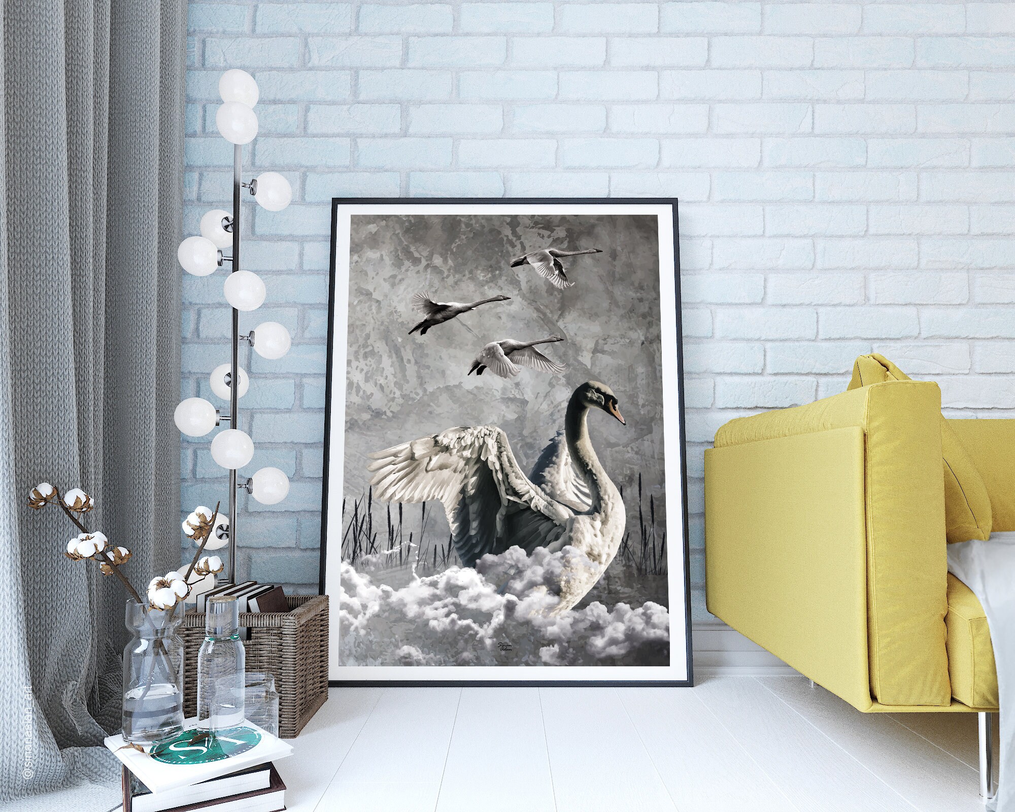 Swan Painting Swan Wall Art Mixed Media Art Home Office | Etsy