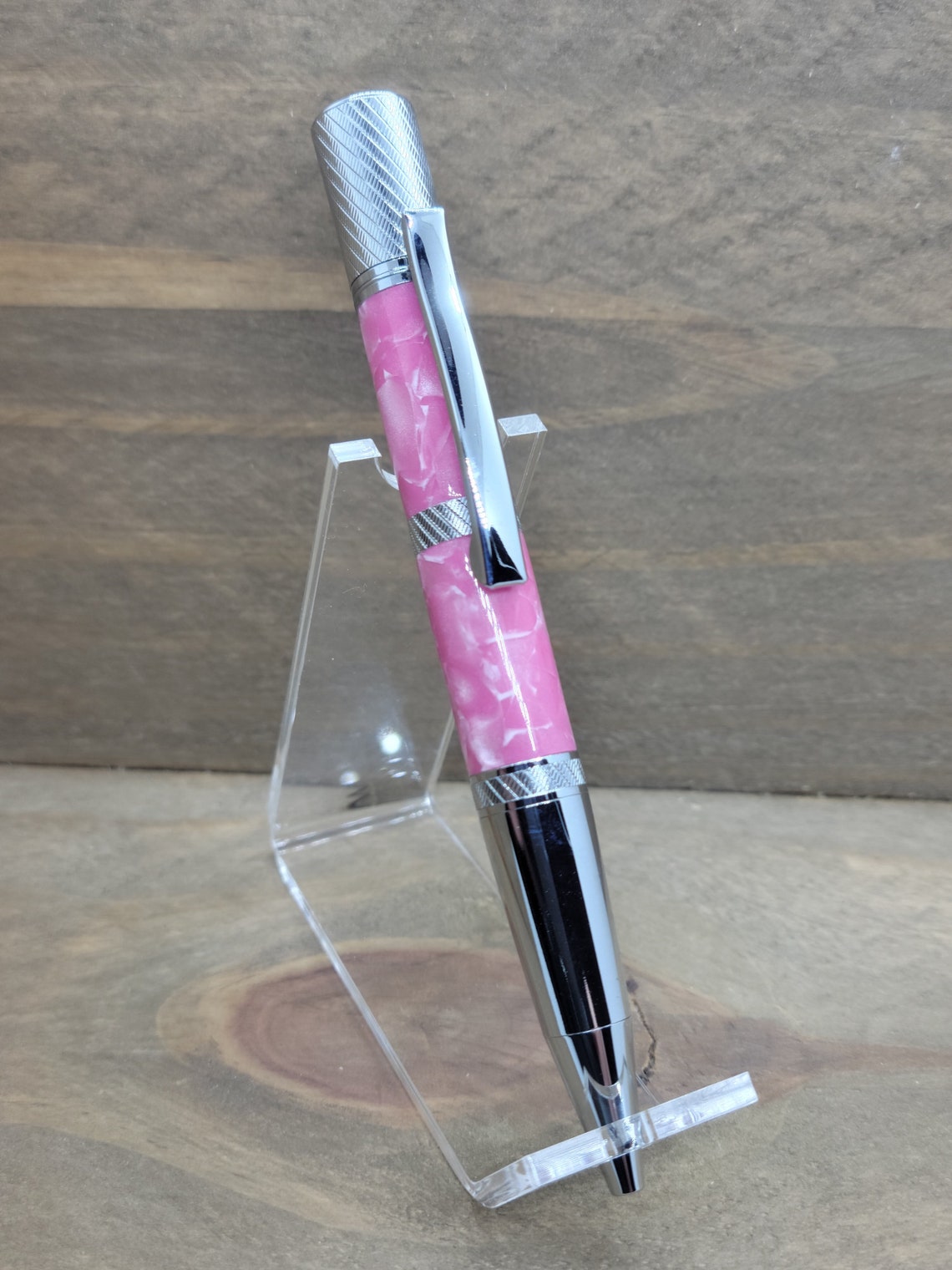 Pluma twist ballpoint pen in chrome finish with pink acrylic | Etsy