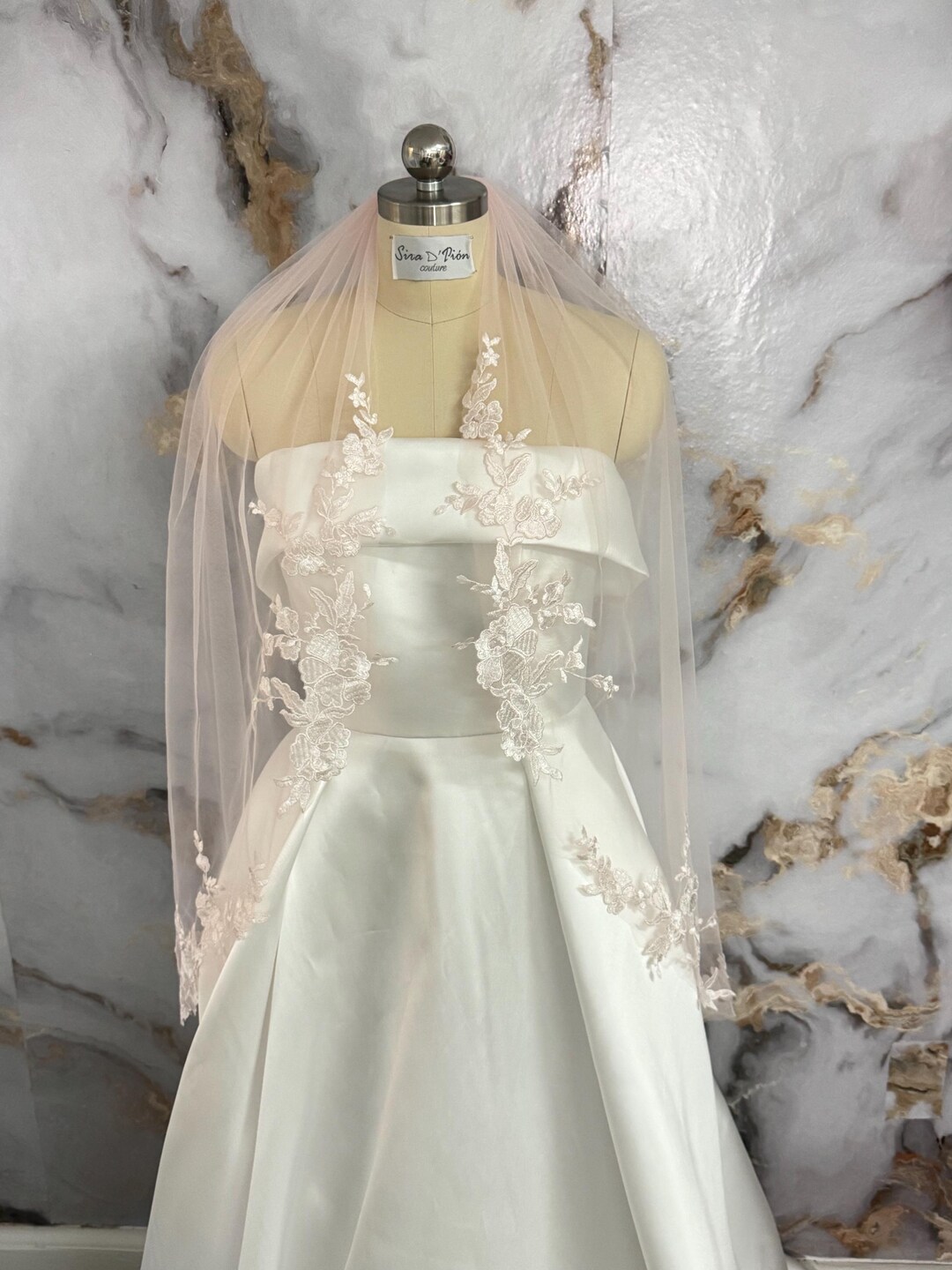 Blush Wedding Veil With Handcrafted Lace Border, Soft Tulle, Fingertip ...