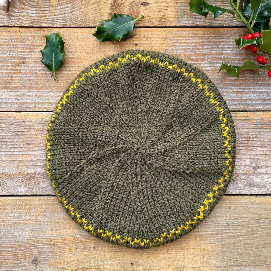 Olive and Mustard Knitted Beret, Women's Beret, Handmade, French Beret ...