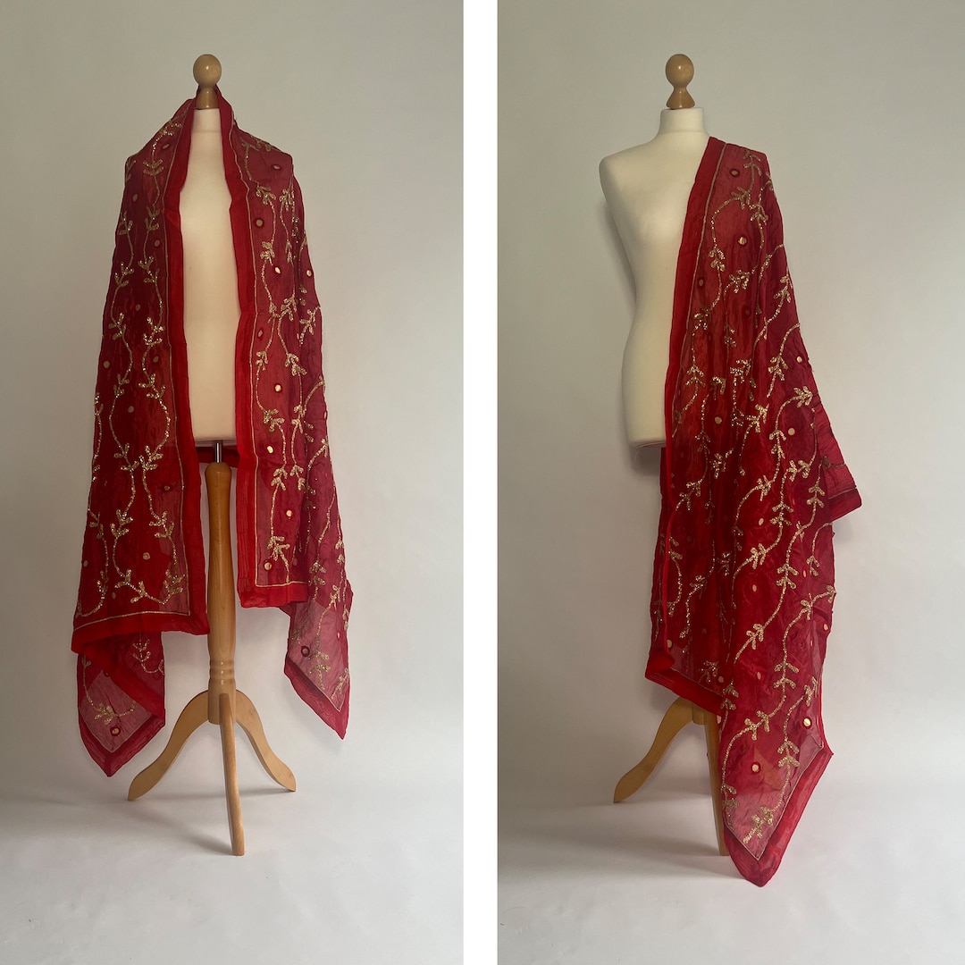 Red Dupatta Embellished Dupatta Ladies Wear Scarf Maroon Dupatta Indian ...