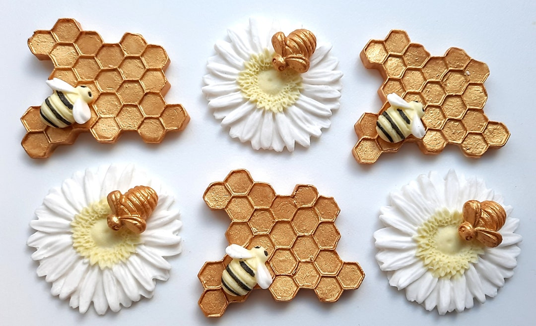 6 Edible Sugar Bumblebee Daisy Honeycomb Cake Cupcake Toppers ...