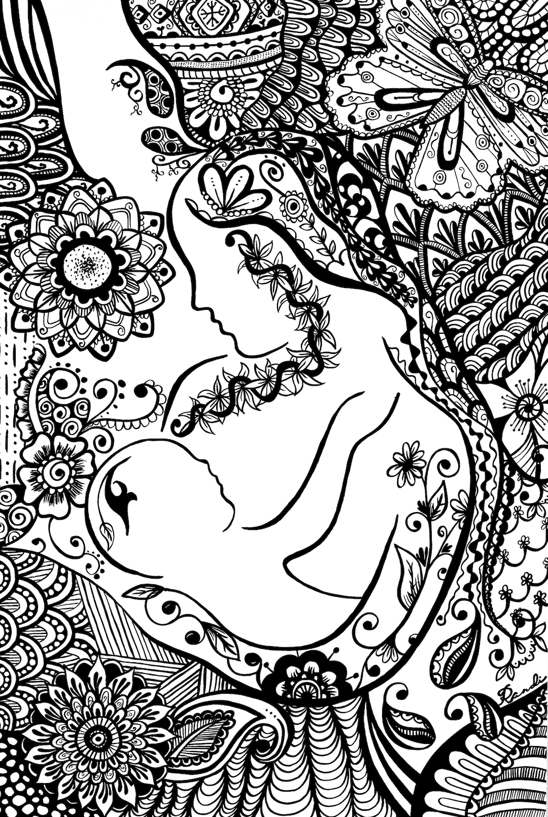 Zentangle Breastfeeding Mother and Child in India Ink on Watercolor ...