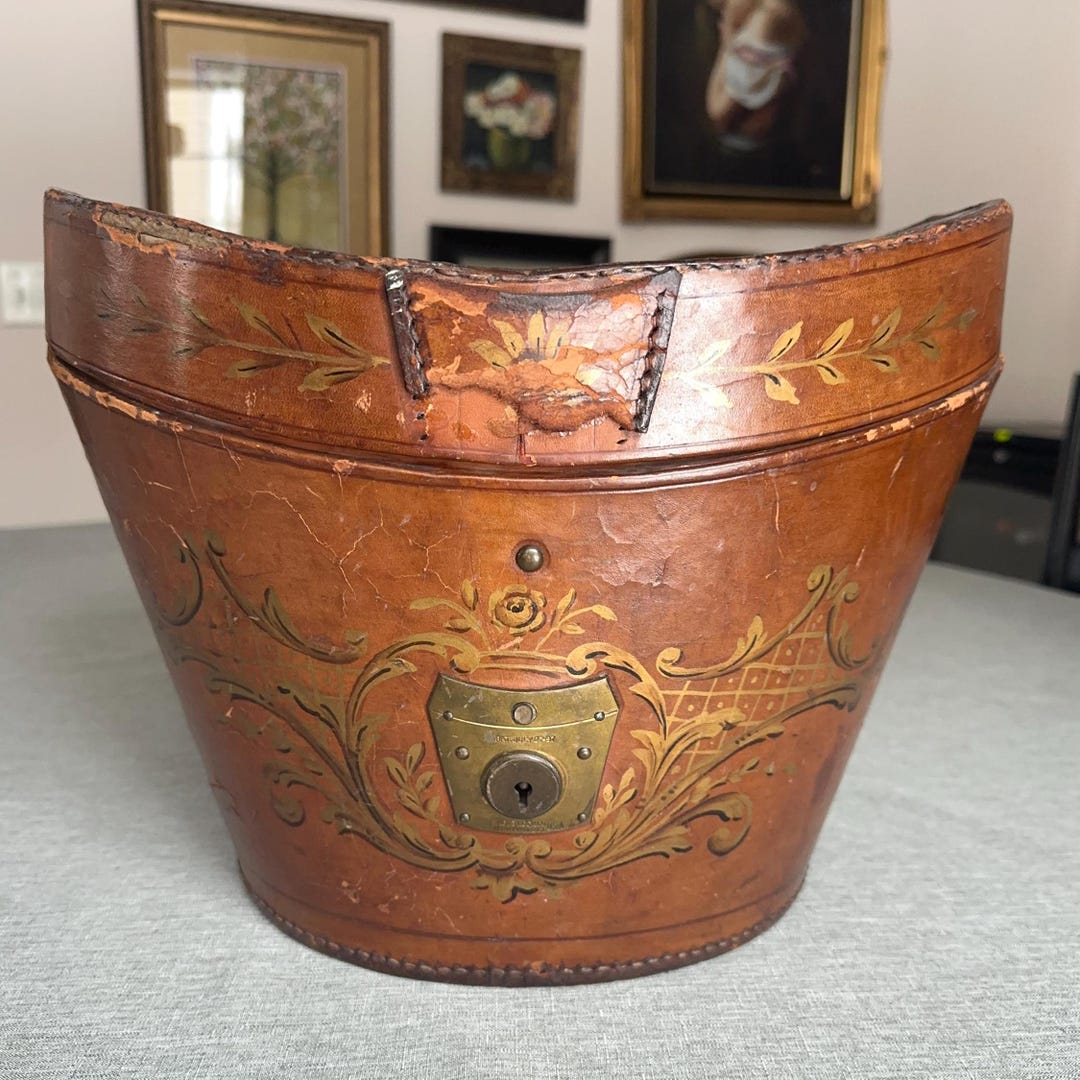 Antique Leather Top Hat Box With Hand Painted Embellishments - Etsy