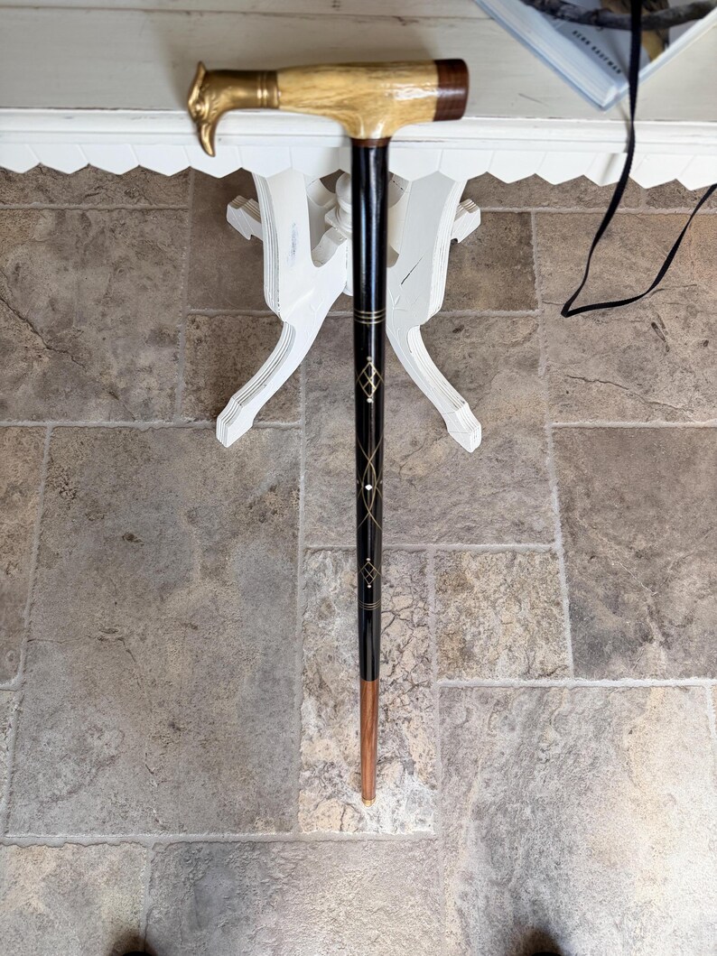 Vintage Ebony Walking Cane With Inlay Gold and MOP With Brass Eagle ...