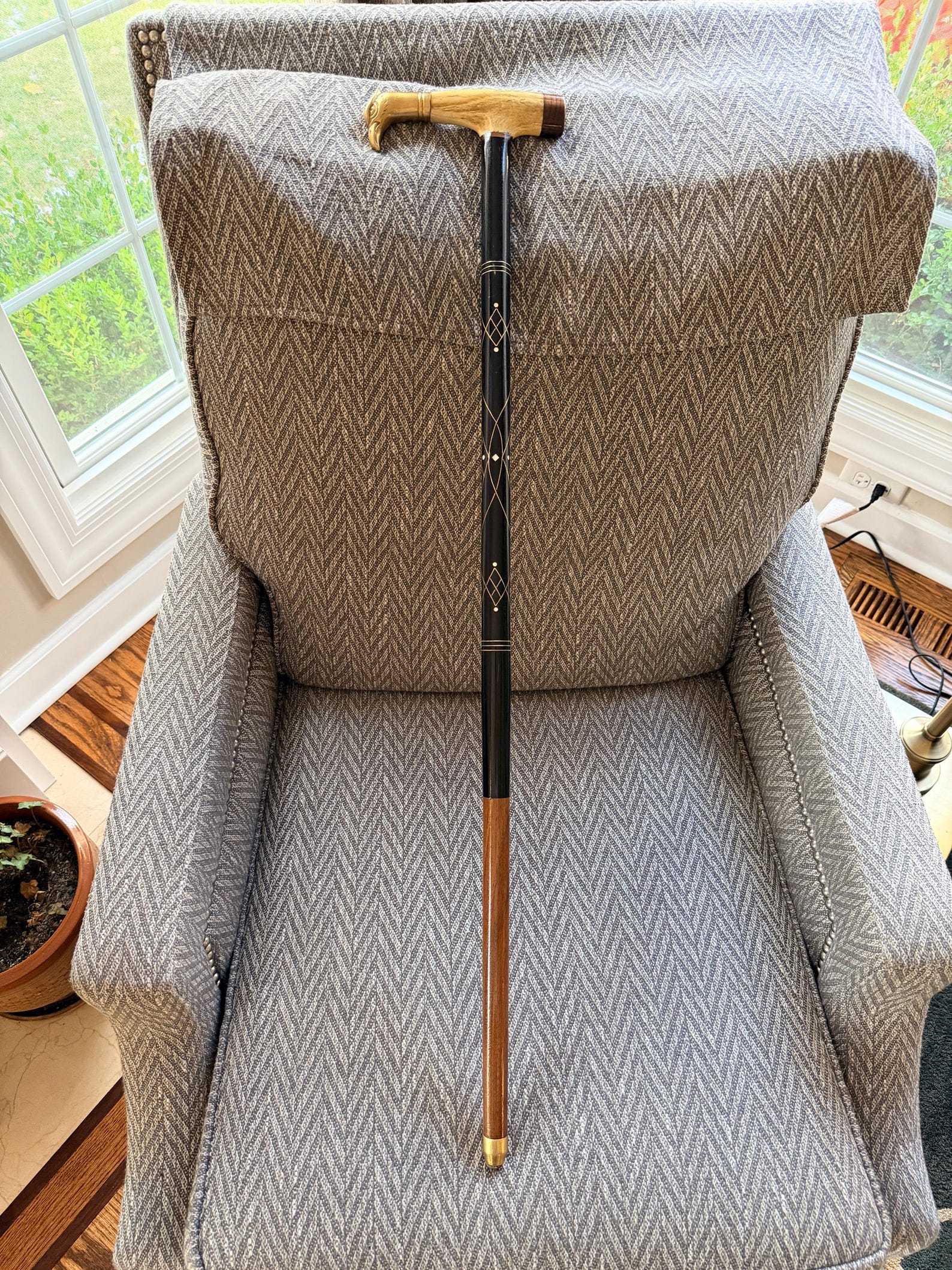 Vintage Ebony Walking Cane With Inlay Gold and MOP With Brass Eagle ...
