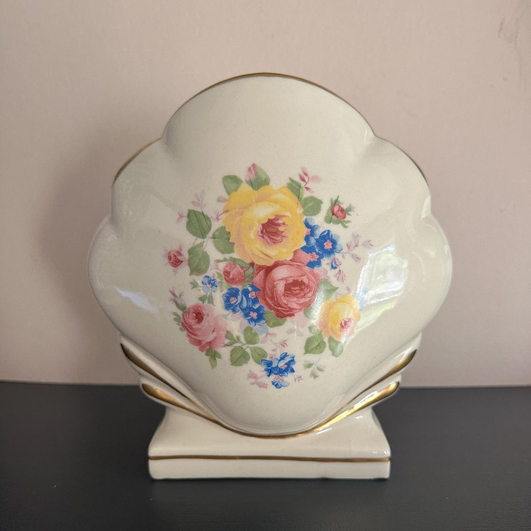 Vintage 1940s Clam Shell Vase Multicolor Floral Design With Gold Trim ...