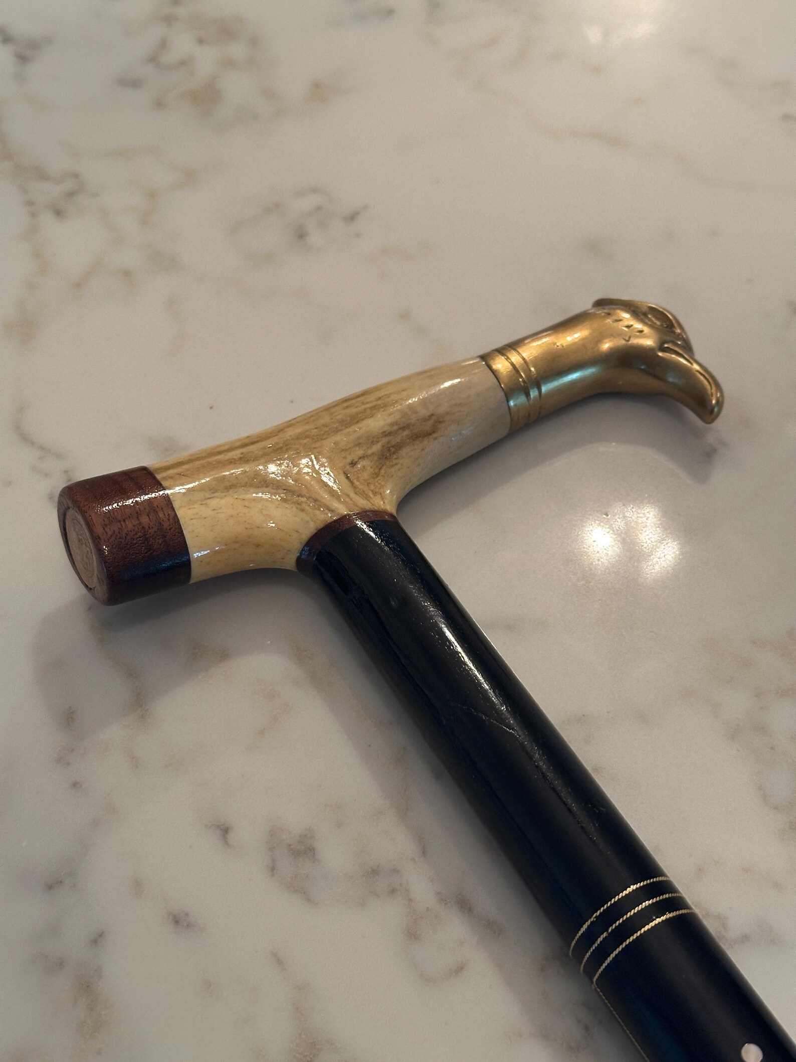 Vintage Ebony Walking Cane With Inlay Gold and MOP With Brass Eagle ...