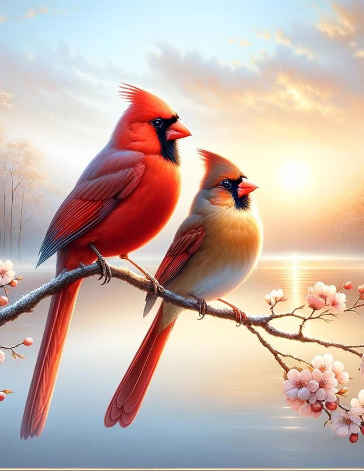 Tranquil Landscape With Male and Female Cardinal - Timeless Fine Art ...