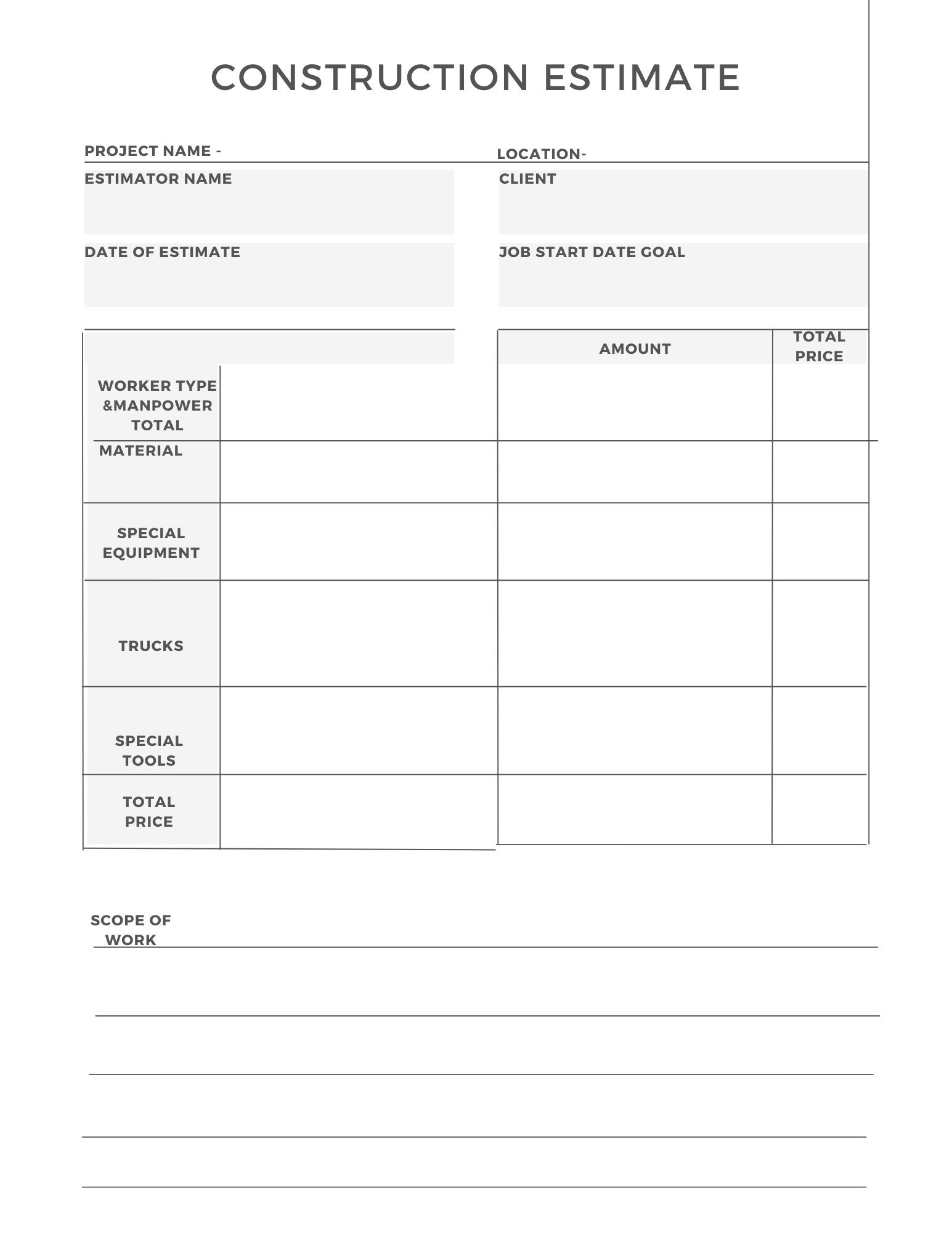 Construction Estimate Page - Etsy