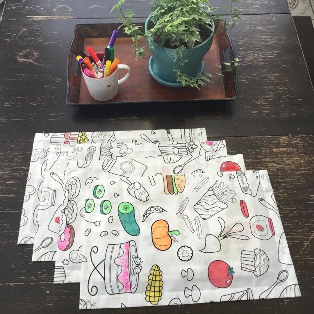 Food Fun Coloring Placemats – Washable Reusable Fabric Activity (set of ...