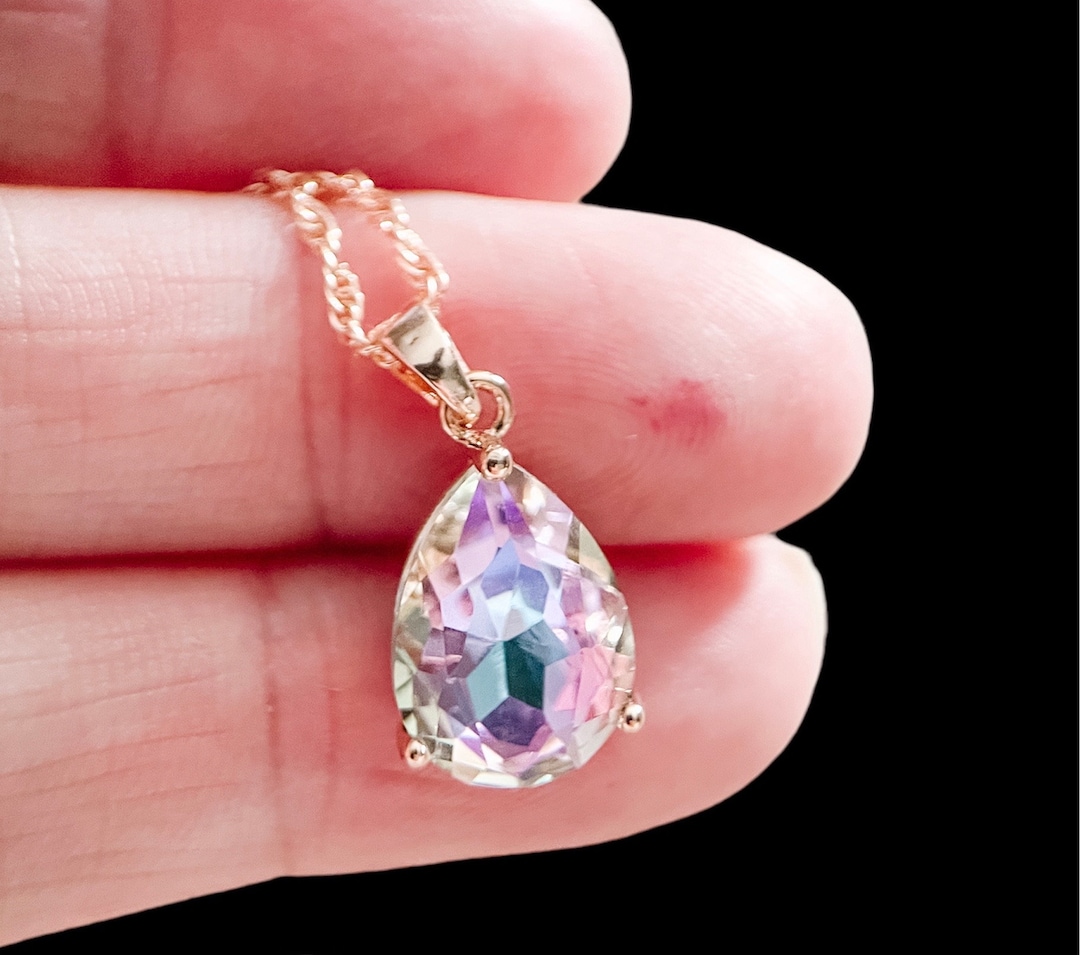 Pink Crystal Pendant Set in Rose Gold, Tear Drop Shape Zircon Crystal ...