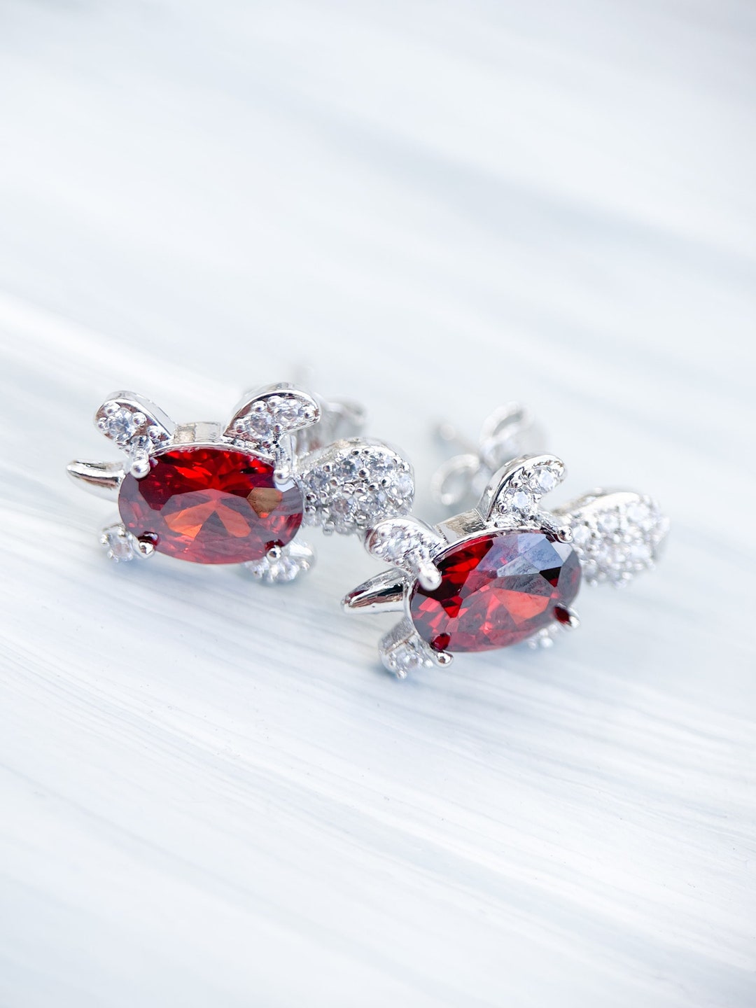 Red Ruby Turtle Earrings, Turtle Lover Gift, Natural Zircon, Sparkly ...