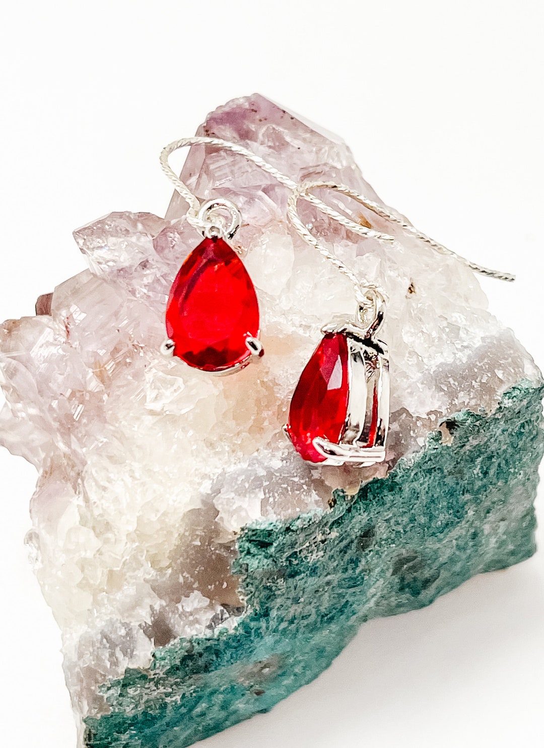 Ruby Tear Drop Earrings, Faceted Lab Made Ruby Gemstone, Statement ...