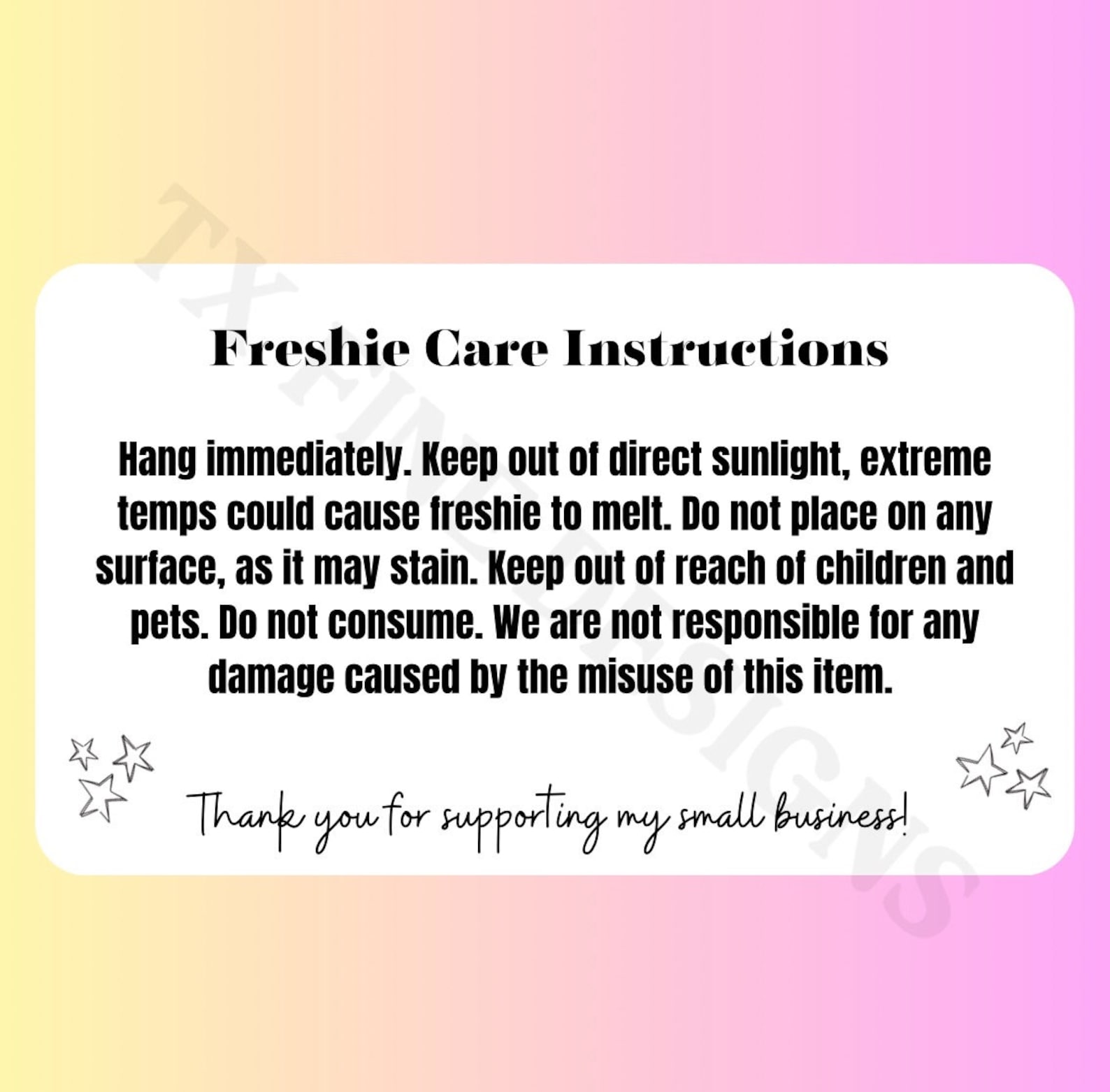 Freshie Care Instructions Label, Digital Download, Digital File ...