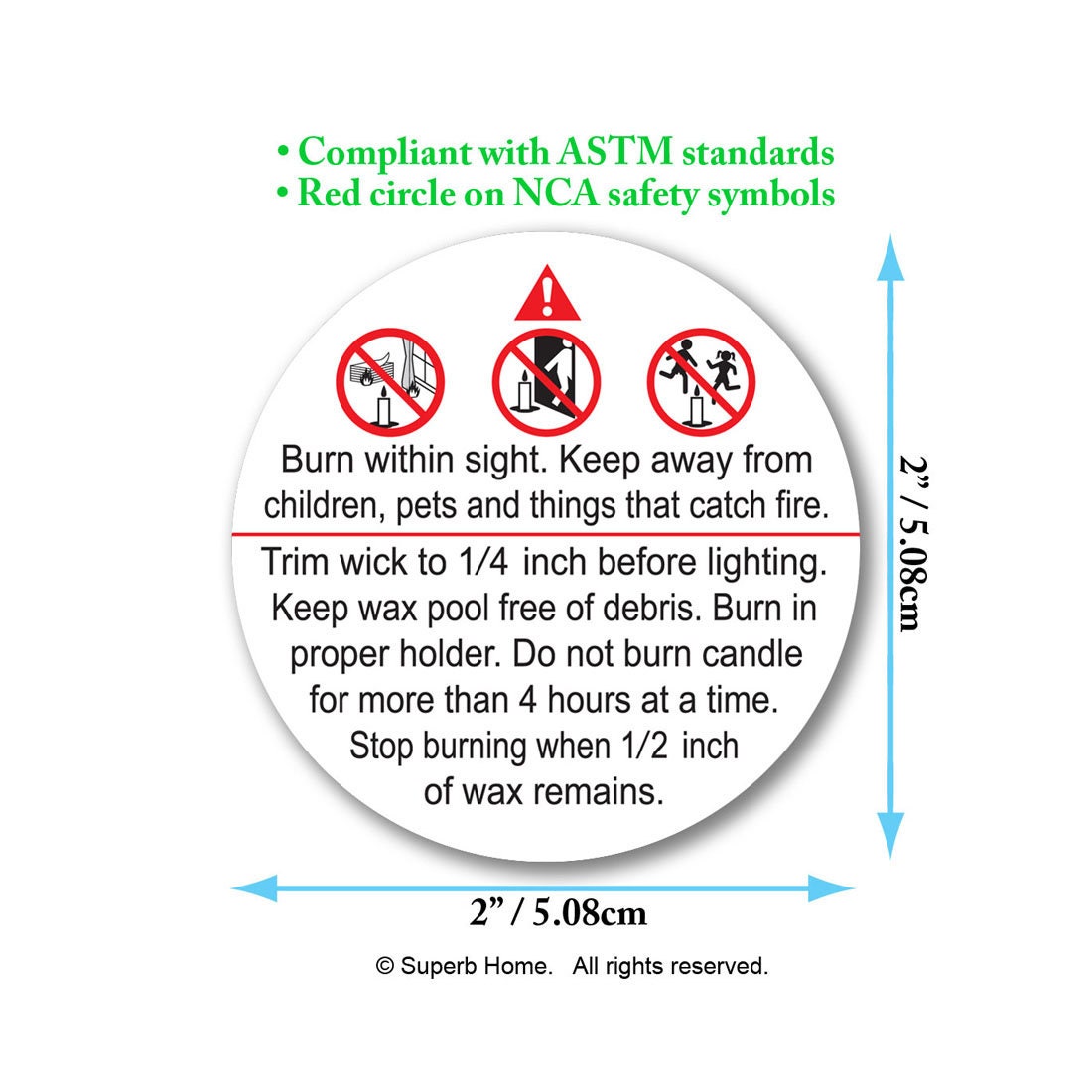 ASTM Compliant Waterproof 1.25 and 2 Candle Warning Labels 100 Pcs ...