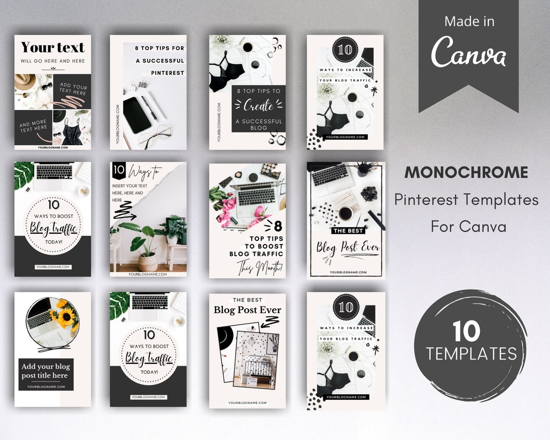 Monochrome Pinterest Templates for Canva | Editable Pin Templates ...
