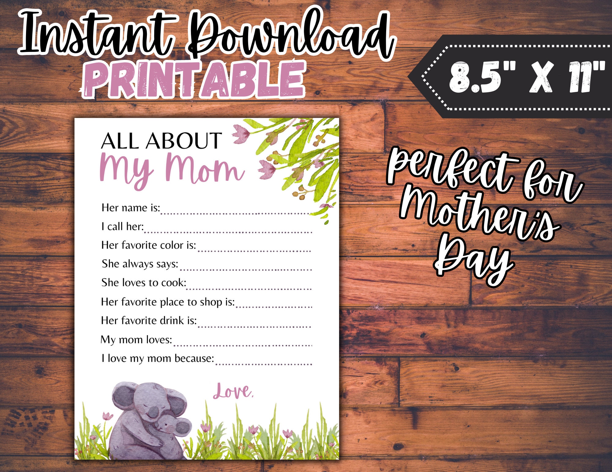All About My Mom Printable/fill in the Blank/mother's Day Questionnaire ...