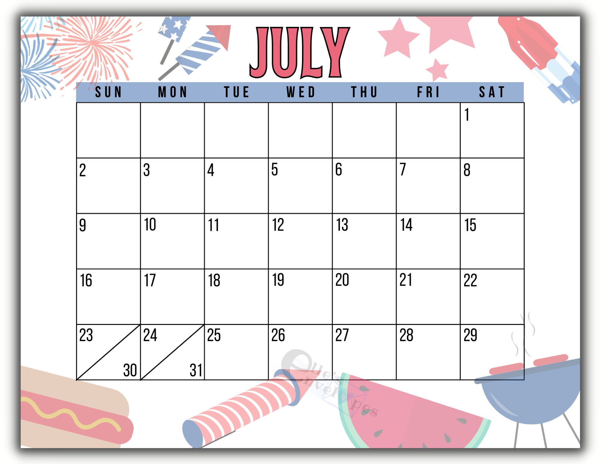 Printable July 2023 Calendar/summer Calendar/usa Calendar/ - Etsy