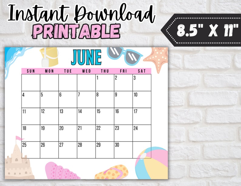 Printable June 2023 Calendar/summer Calendar/beach Calendar/ - Etsy