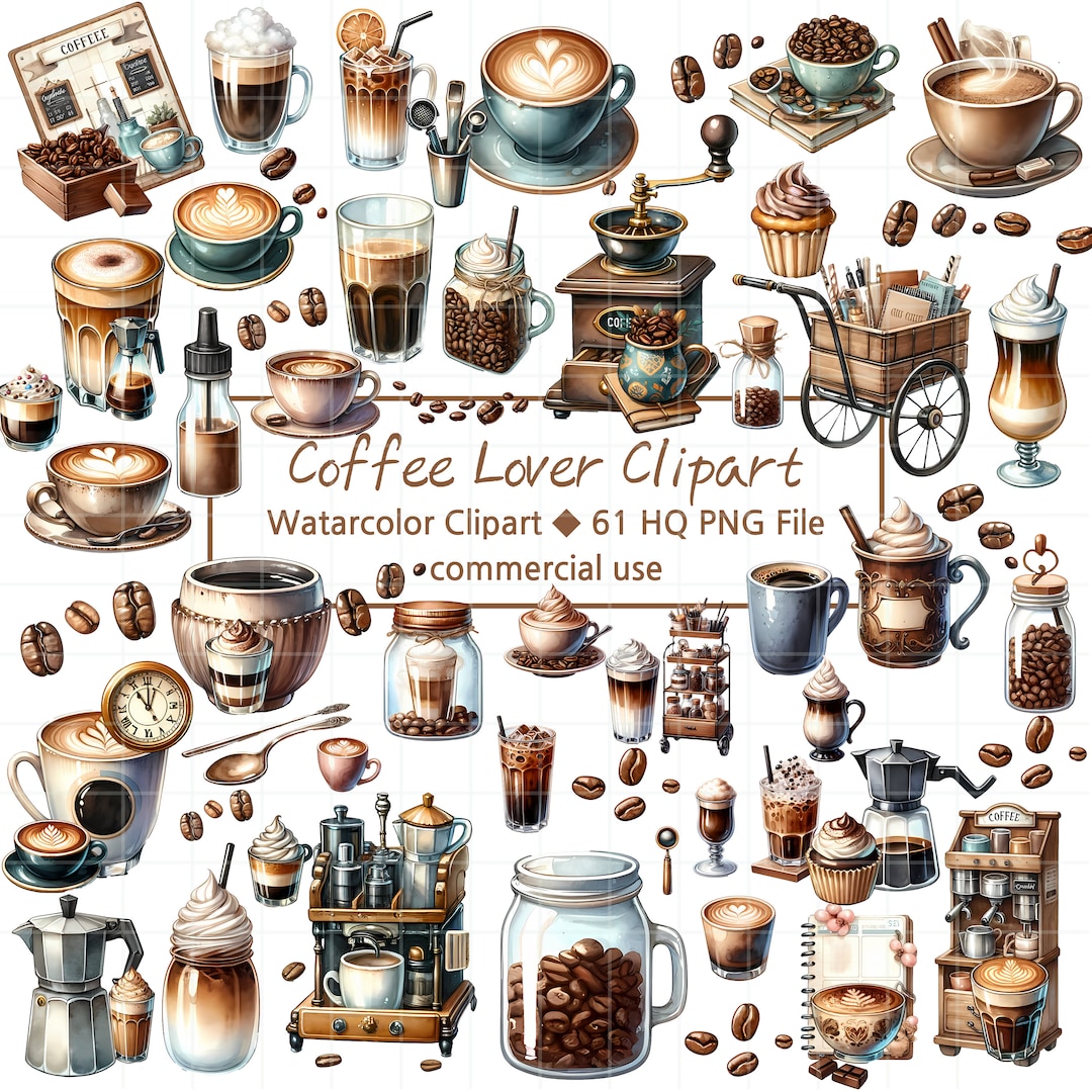 Coffee Lover Watercolor Clipart Set of 61 / PNG File / Watercolor ...