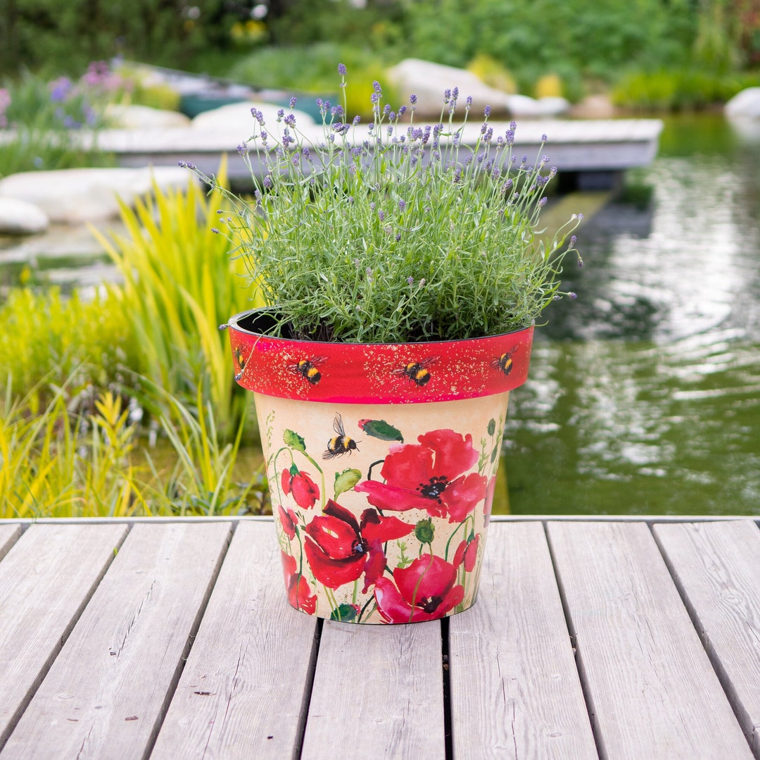 Lightweight Pot Planter Zest Pot Poppies and Bees Indoor Outdoor Pot ...