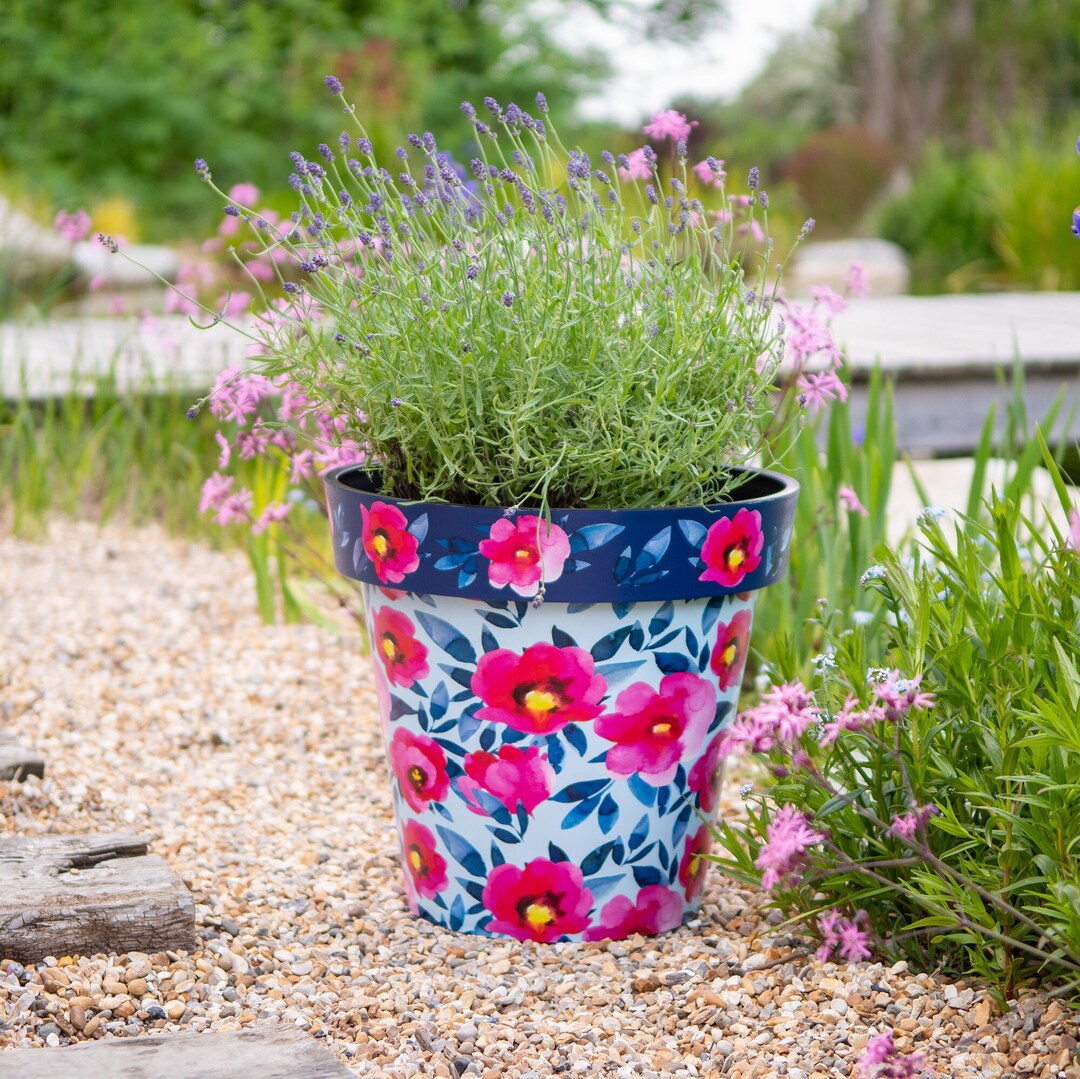 Zest Lightweight Pot Planter - Pink Poppies Indoor Outdoor Pot With ...