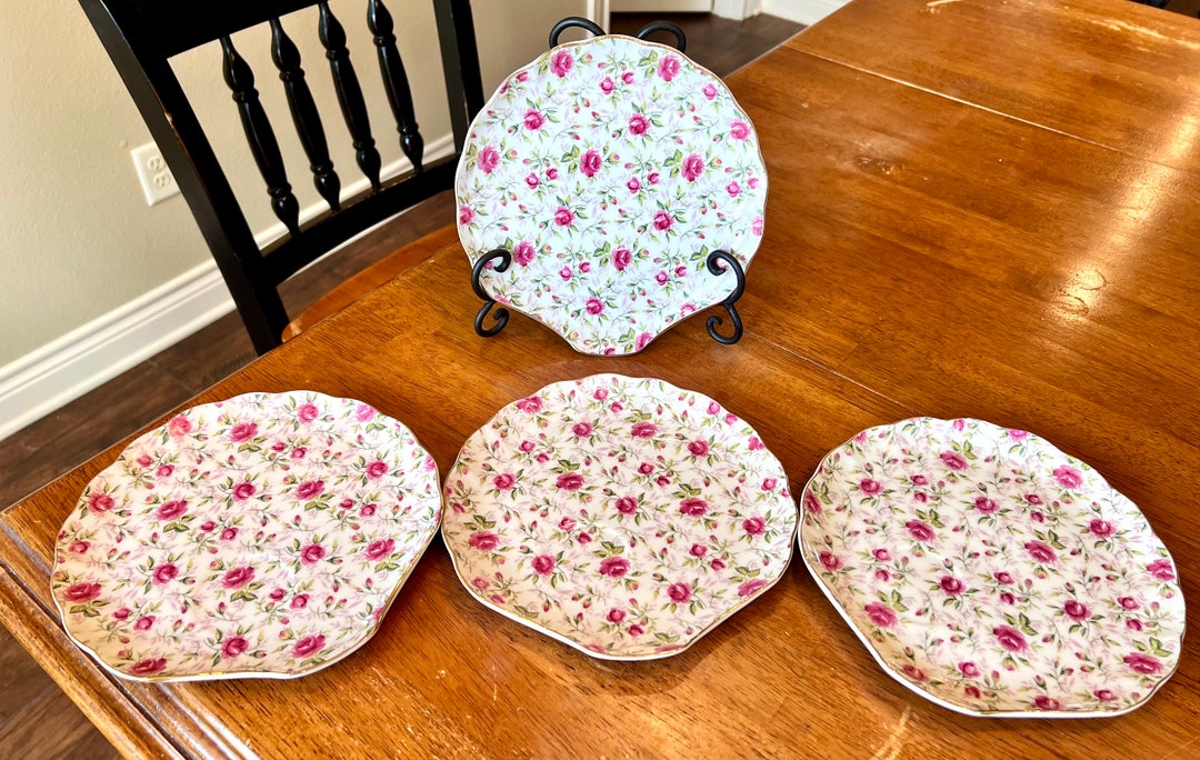 Vintage Lefton Rose Chintz Snack Plates Set of 4 Hand Painted MCM Pink ...