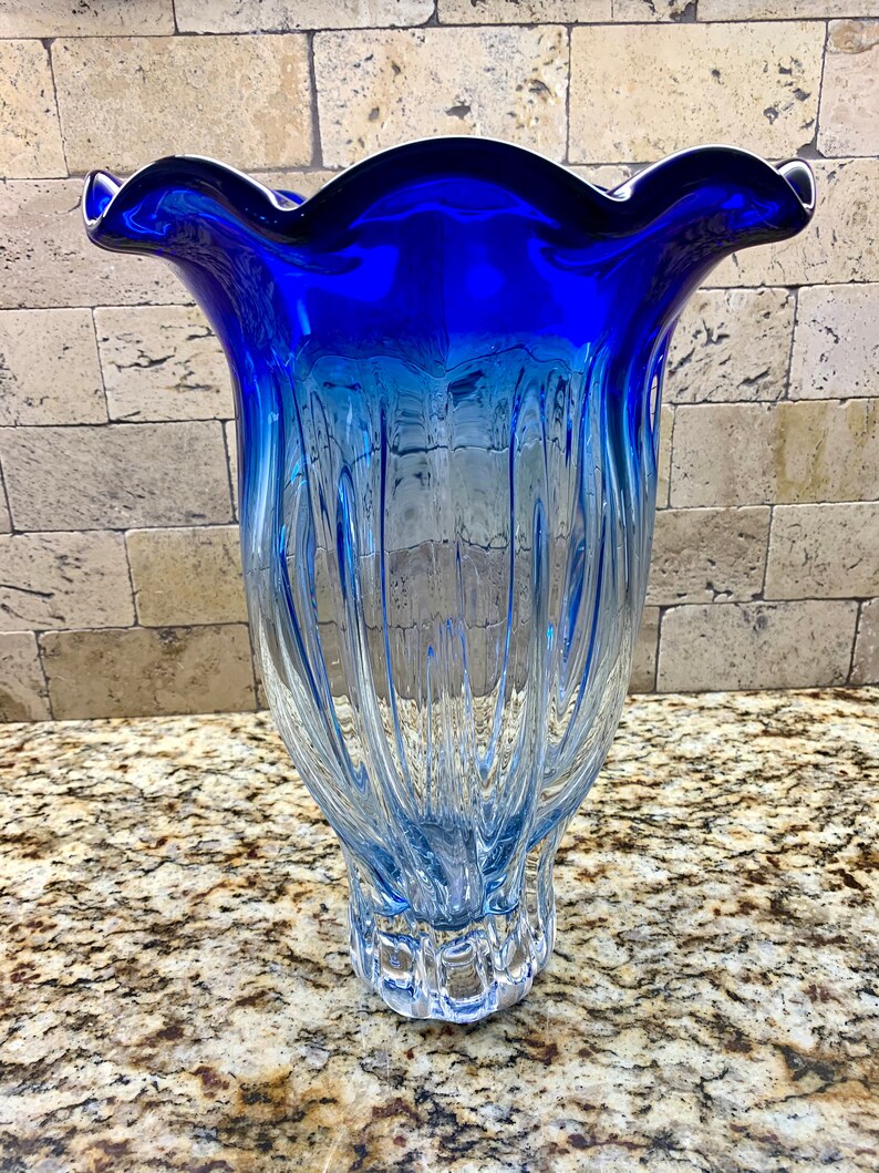 Vintage Shannon Glass Large Cobalt Blue Clear Vase Ruffled - Etsy