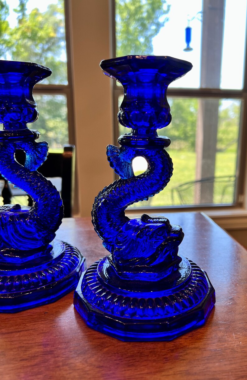 Pair of Cobalt Blue Glass Dolphin Koi Fish Candlestick Holder Hexagon ...