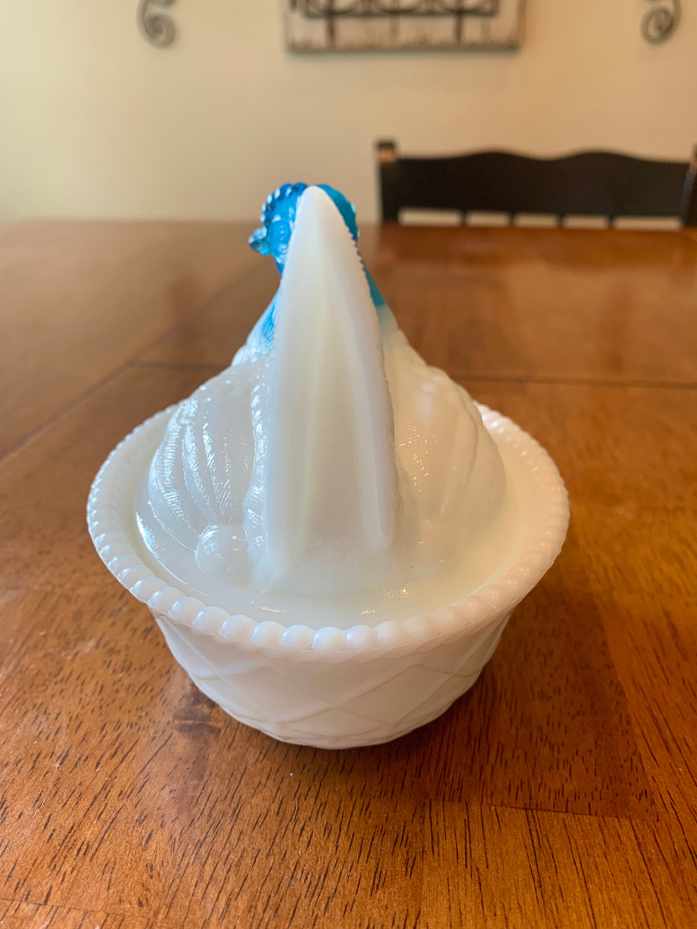 Vintage Chicken Hen Blue Head Milk Glass Covered Dish Westmoreland ...