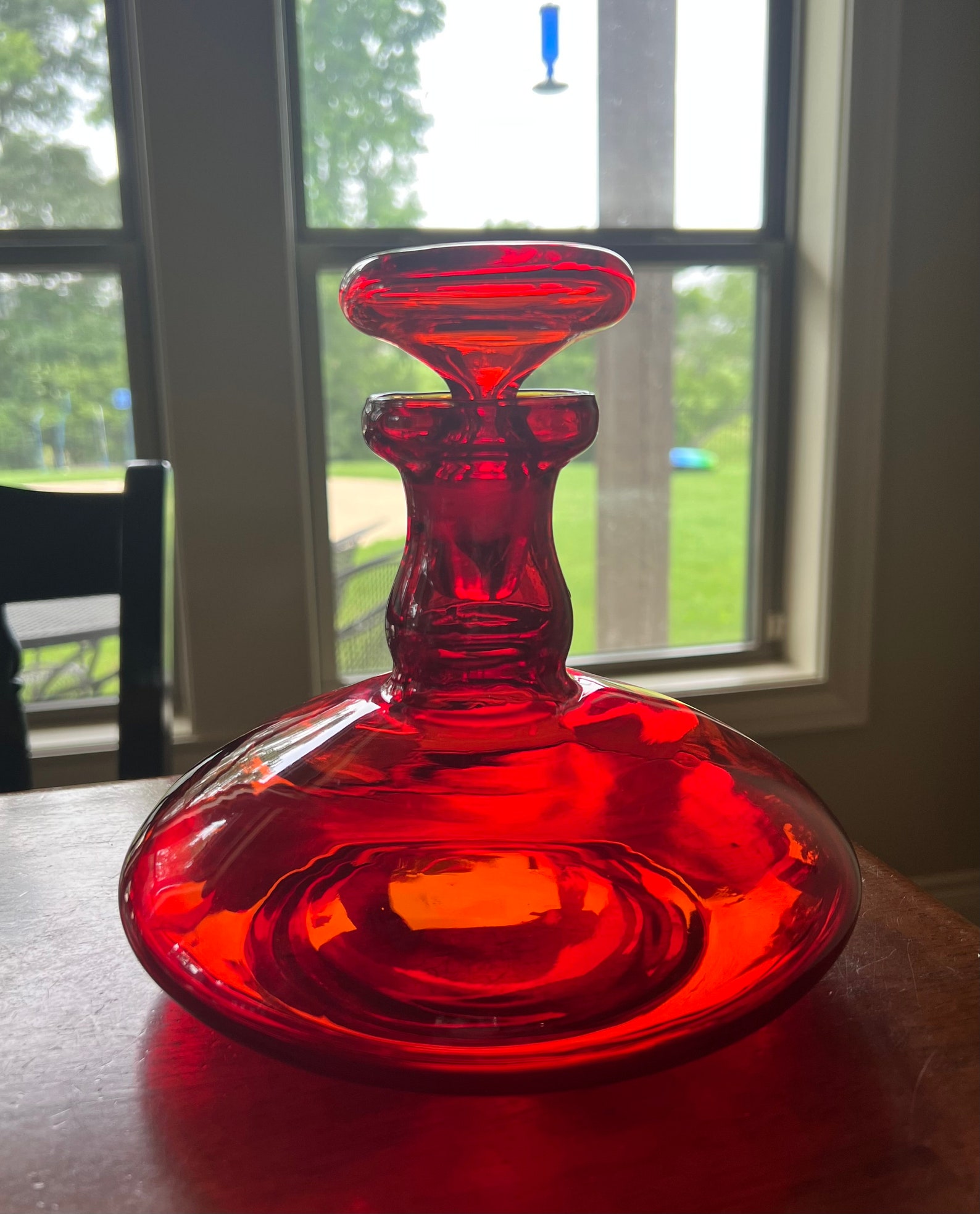 Blenko Style Ruby Red Amberina Glass Wine Decanter Flat Top Stopper MCM ...