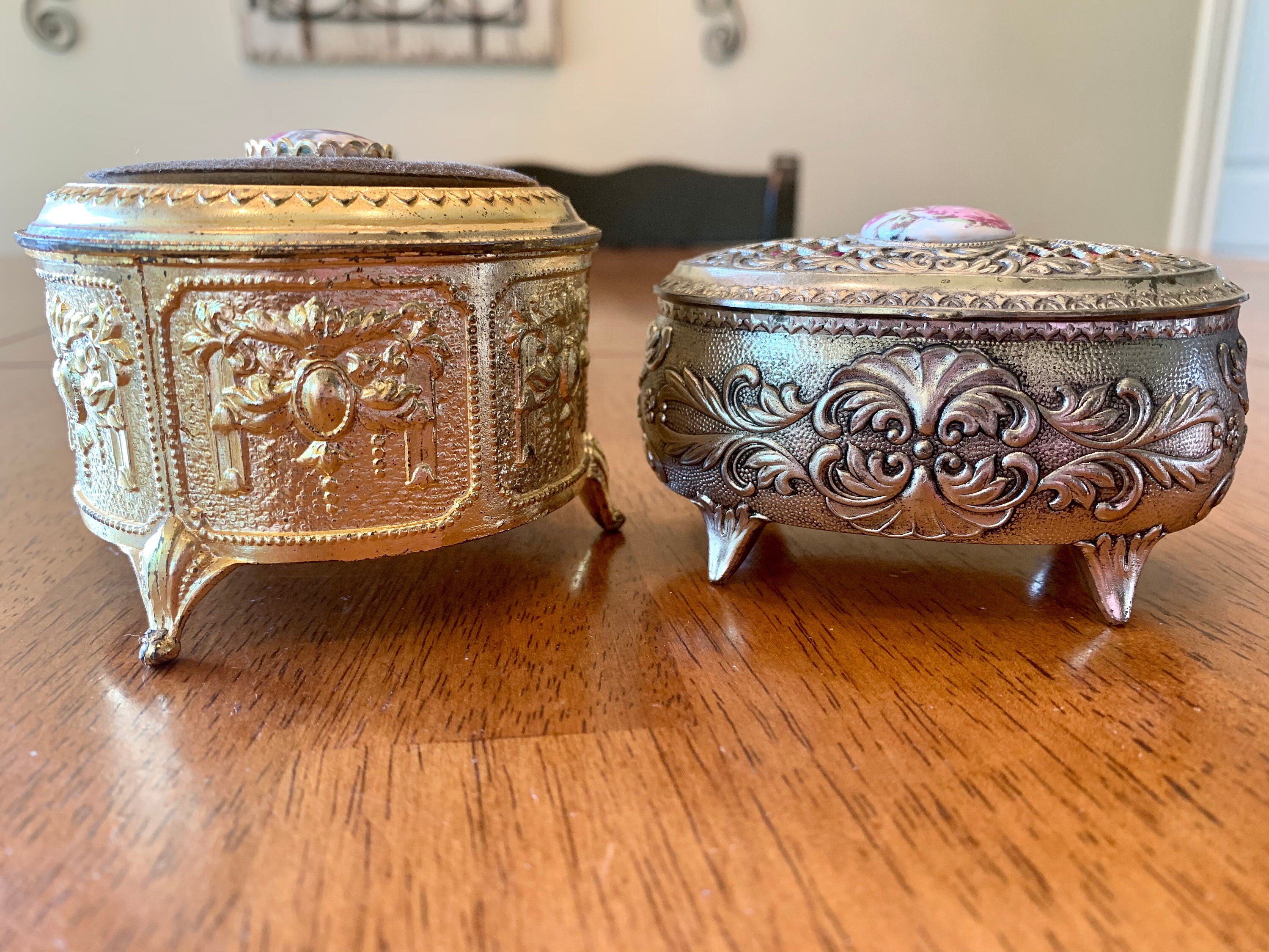 Vintage Set of 2 Metal Footed Trinket Boxes Victorian Man and | Etsy