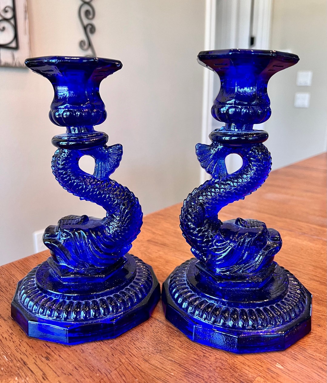 Pair of Cobalt Blue Glass Dolphin Koi Fish Candlestick Holder Hexagon ...