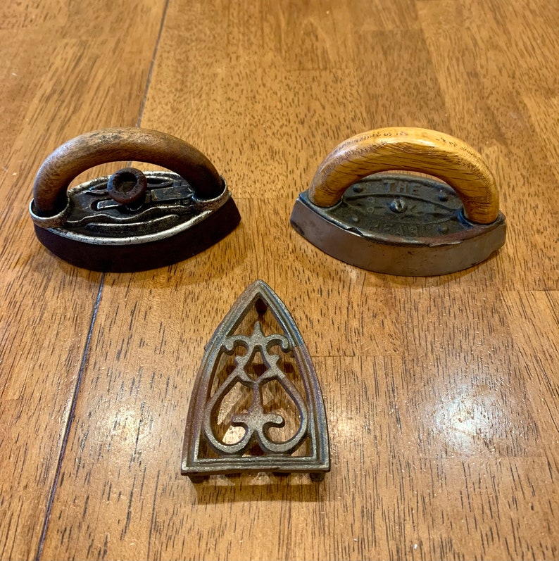 Antique Sad Iron Miniature Toy Sample Pearl Set of 3 Items Mini Trivet ...