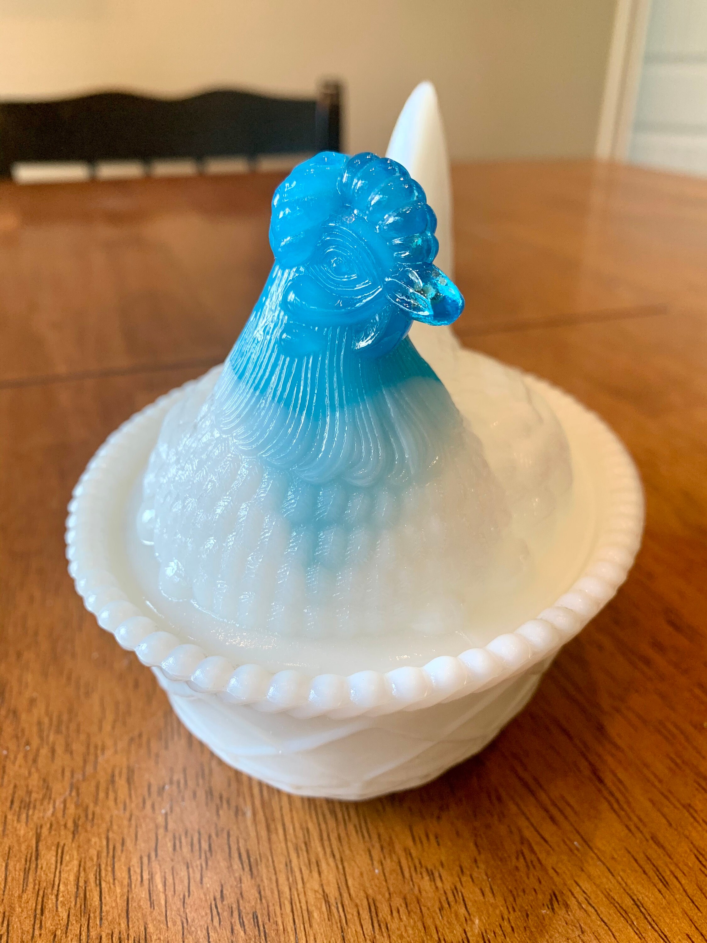 Vintage Chicken Hen Blue Head Milk Glass Covered Dish Westmoreland ...