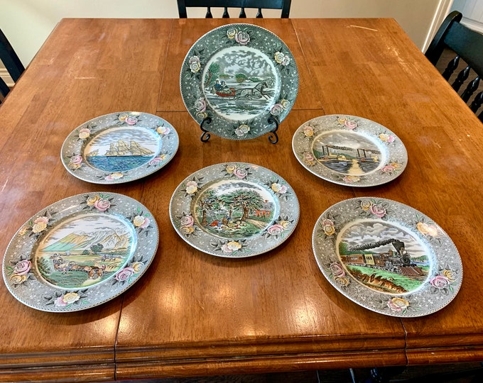 6 Vintage Adams Dinner Plates 10 5/8 Currier Ives Engravings for the ...