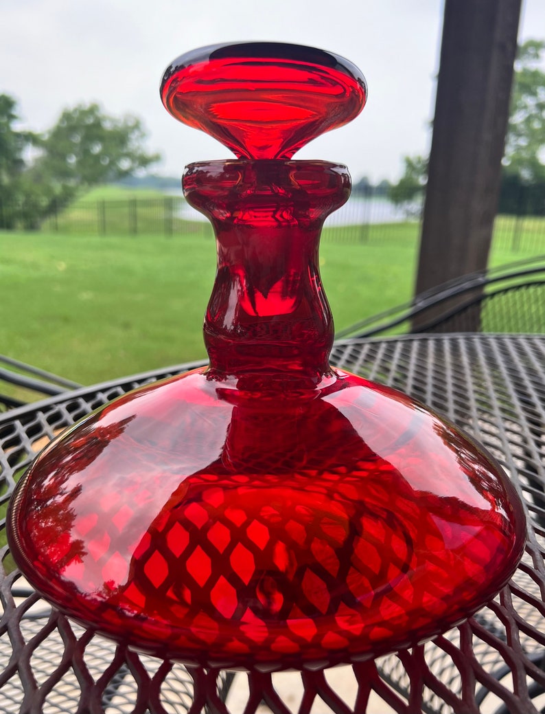 Blenko Style Ruby Red Amberina Glass Wine Decanter Flat Top Stopper MCM ...