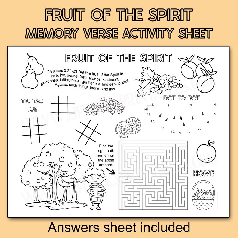 Fruit of the Spirit Coloring Activity Page | Bible Memory Verse | Maze ...