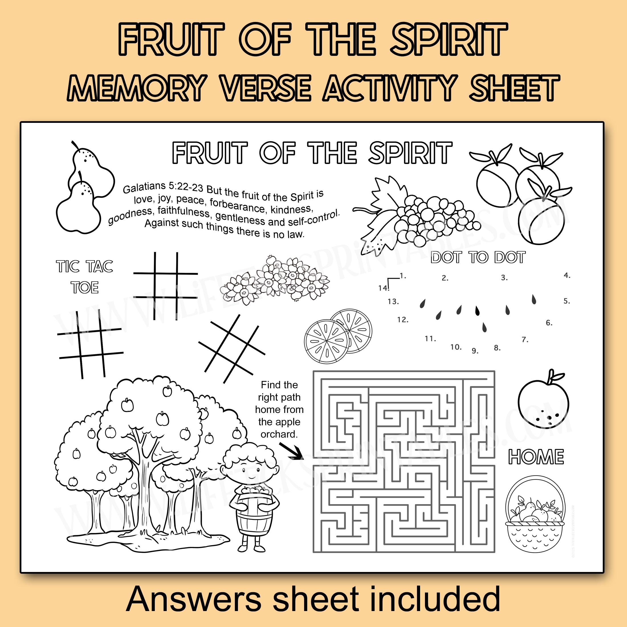 Fruit of the Spirit Coloring Activity Page | Bible Memory Verse | Maze ...