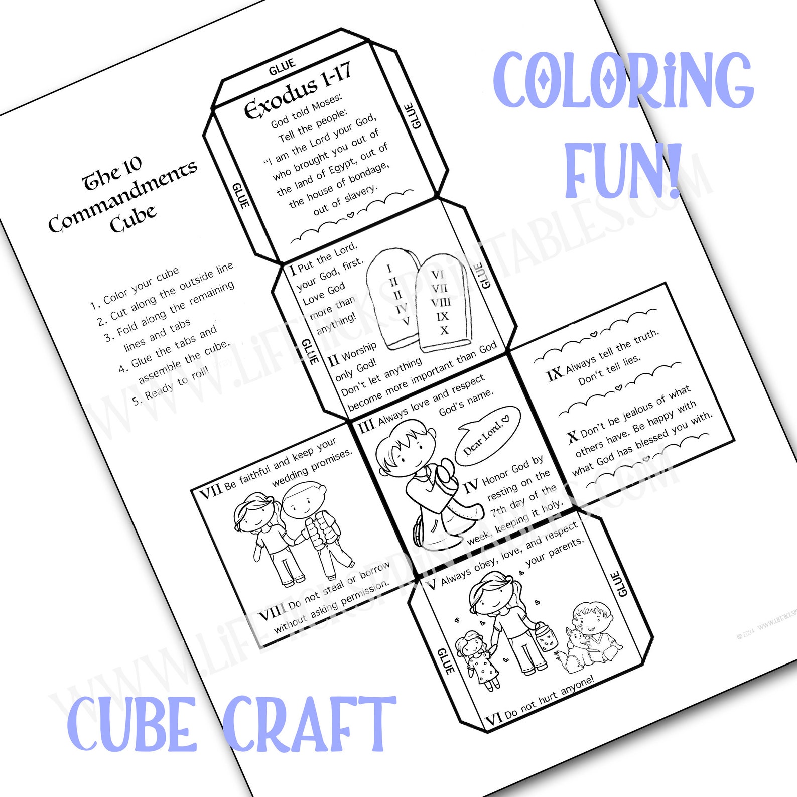 10 Commandments Cube Coloring Craft | Learning Activity | Home, Church ...