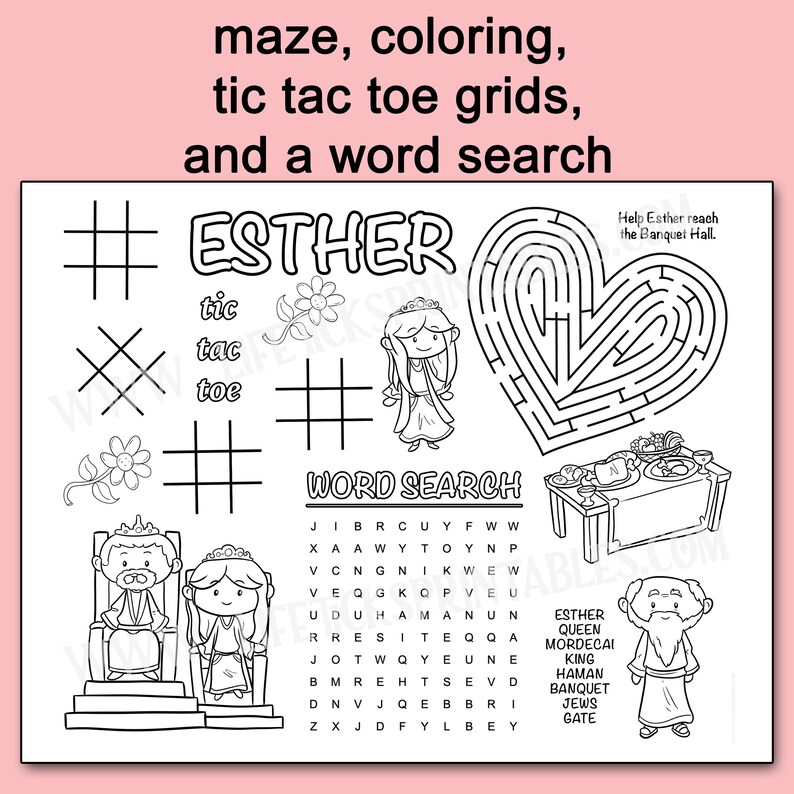 Queen Esther Bible Story Activity: Coloring Page, Word Search, Maze ...