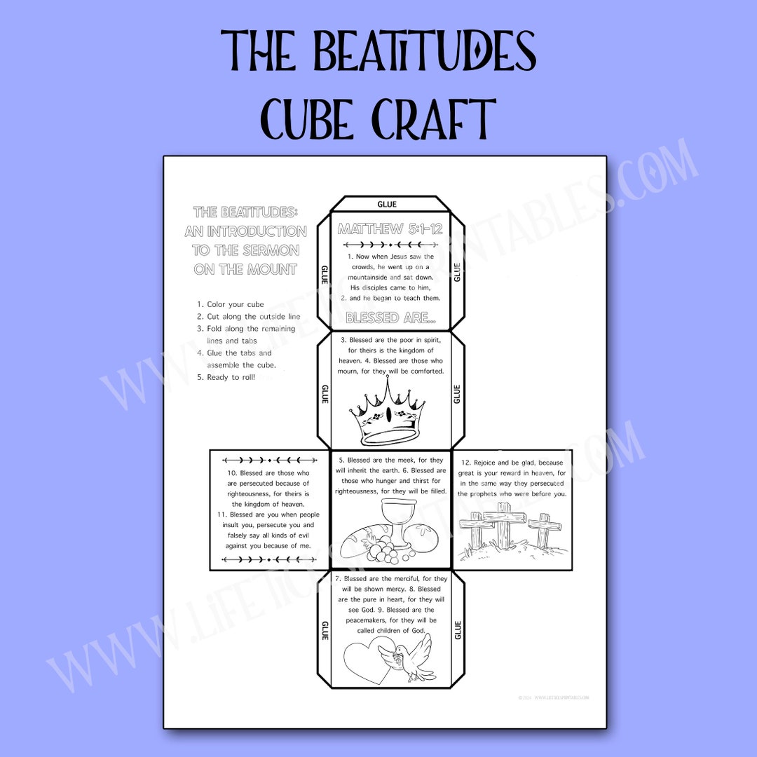 The Beatitudes Bible Cube Coloring Craft | Bible Learning Activity ...