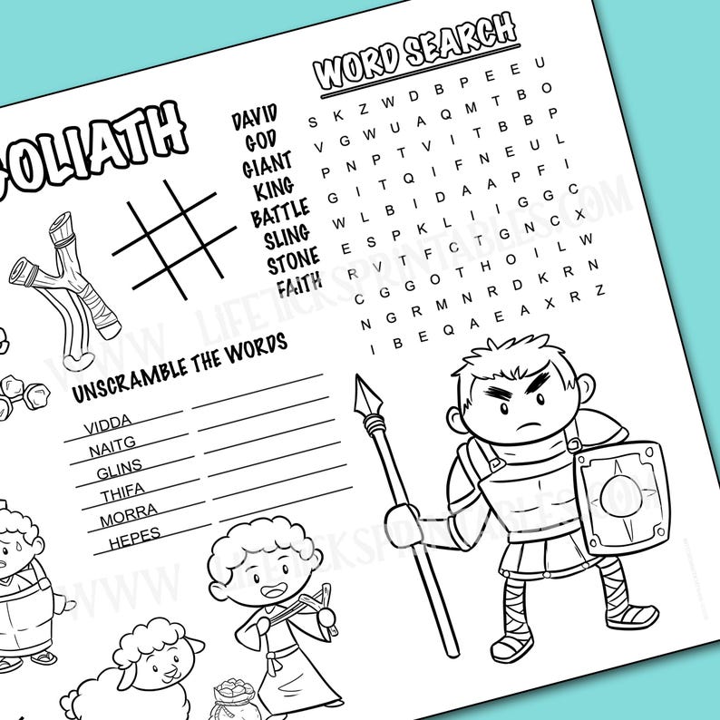 David & Goliath Activity Page: Bible Story Coloring, Word Games (PDF ...