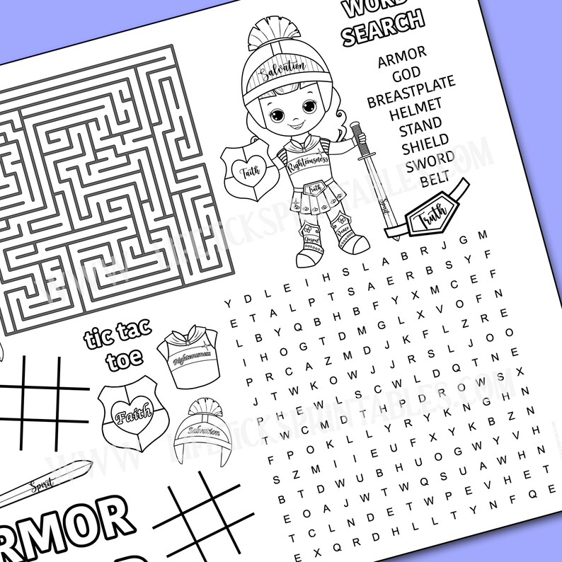 Armor of God Activity Page: Bible Coloring, Word Search, Maze (PDF ...
