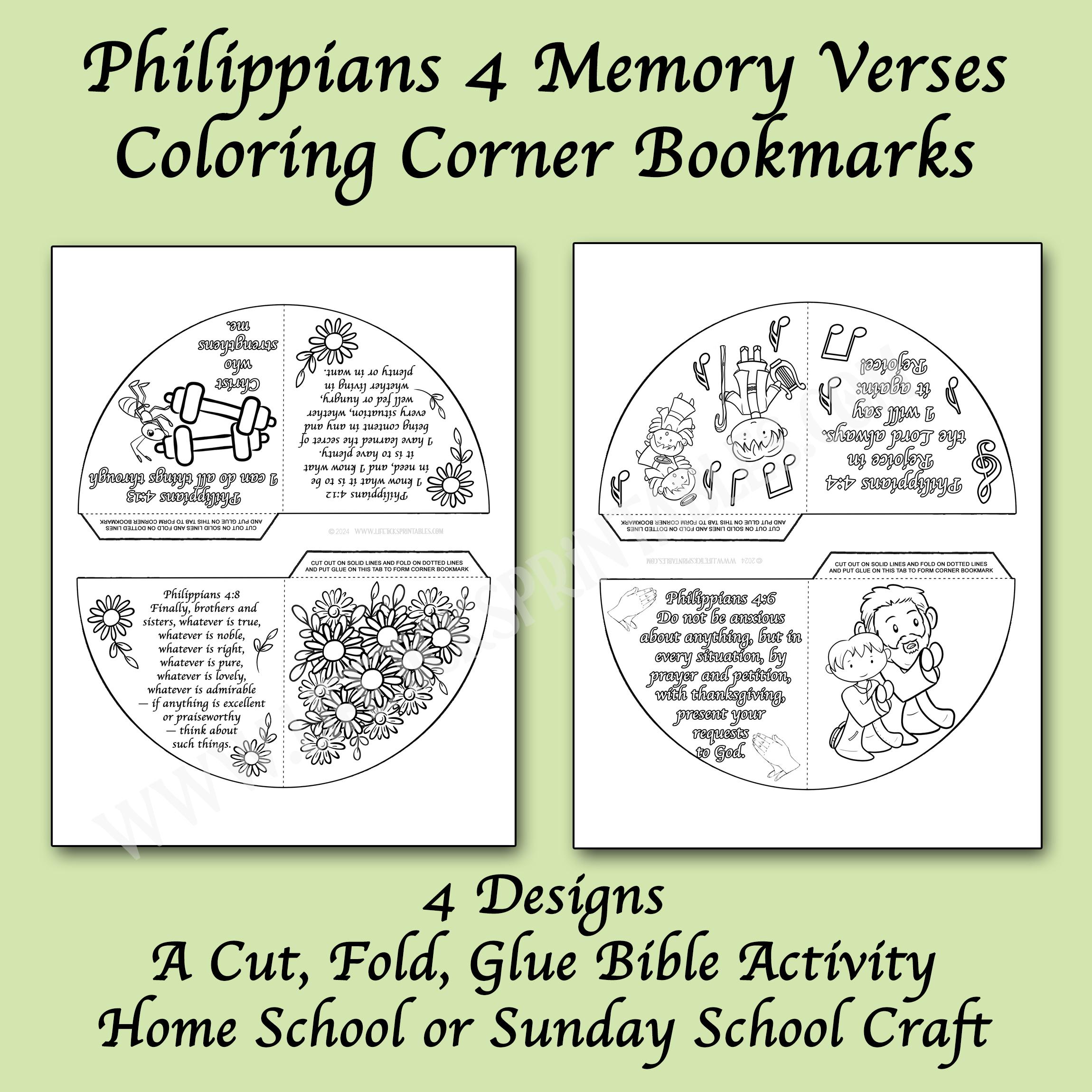 Philippians Chapter 4 Corner Bookmark Coloring Activity | 4 Designs ...