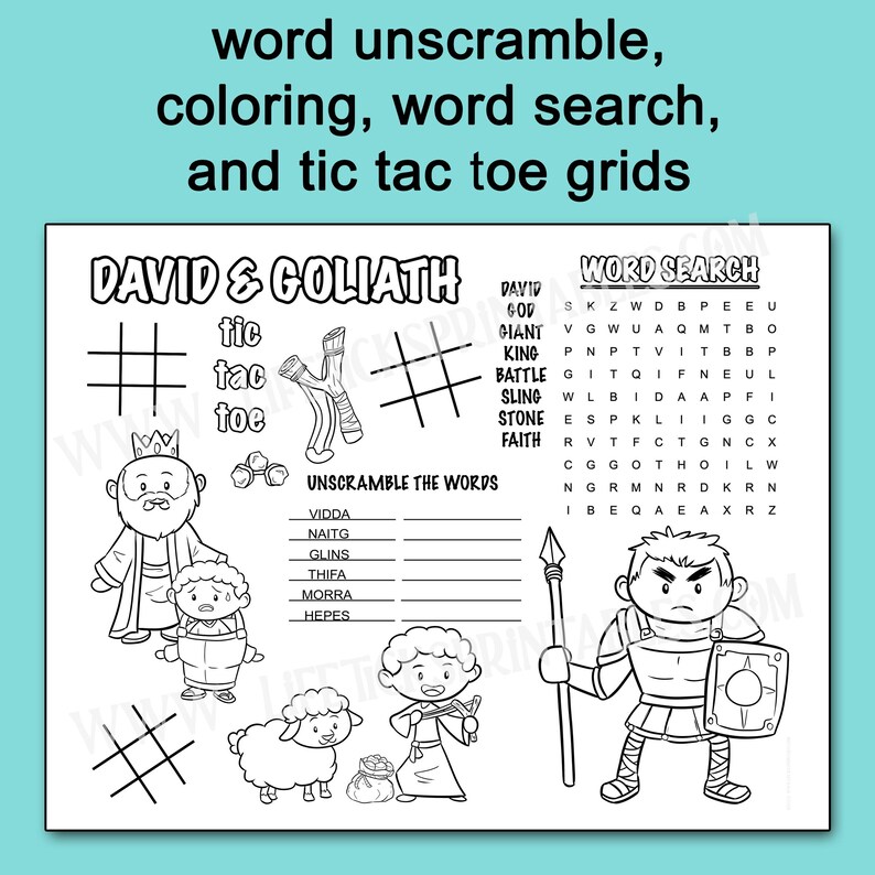 David & Goliath Activity Page: Bible Story Coloring, Word Games (PDF ...