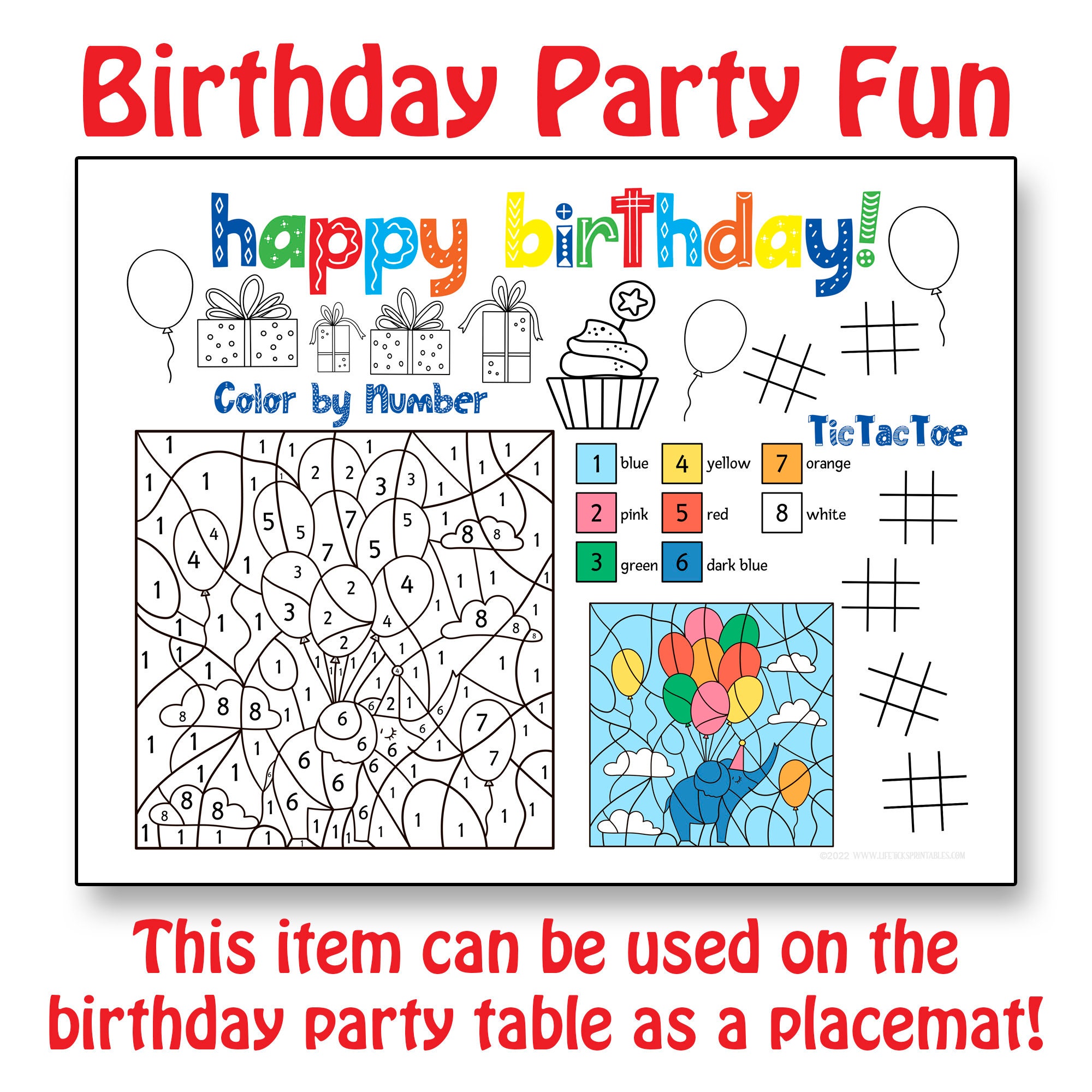 Birthday Color by Number Activity Sheet | Party Table Placemat ...