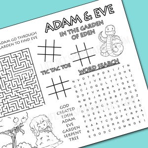 Adam and Eve Activity Page: Bible Story Coloring, Maze, Word Search ...