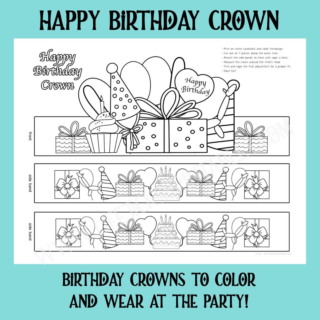 Happy Birthday Printable Crown | Coloring Activity Party Favor | Color ...